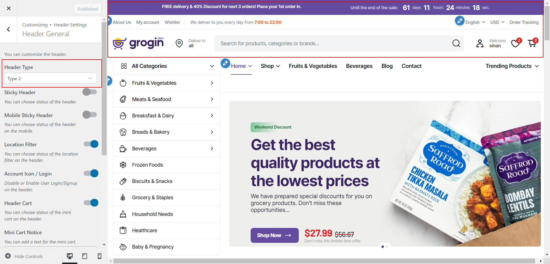 Grogin - How to change header type from customizer editor? - KlbTheme ...